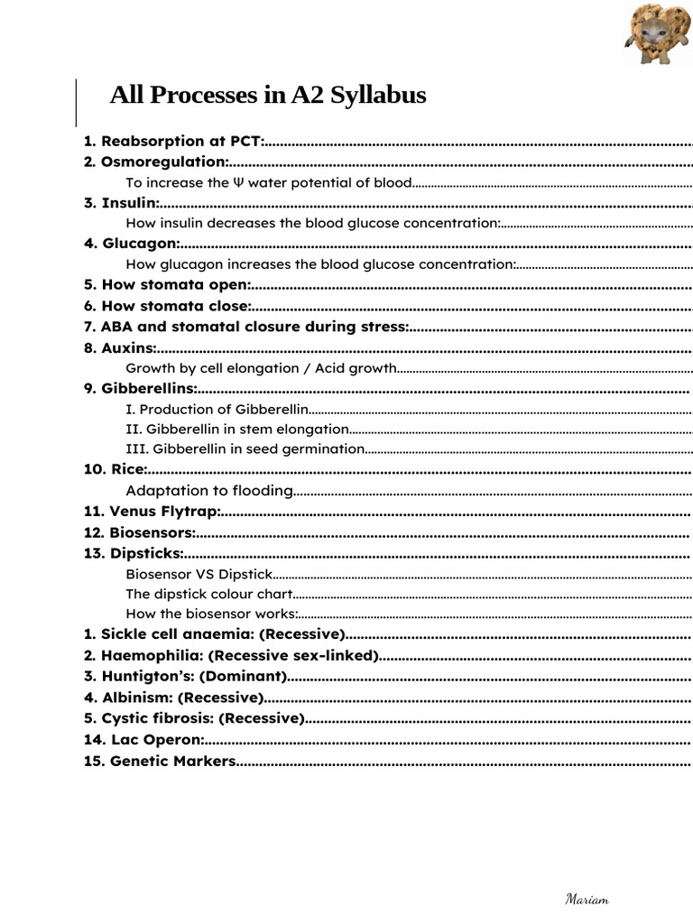 All Processes and Diseases in A2 Syllabus | PDF