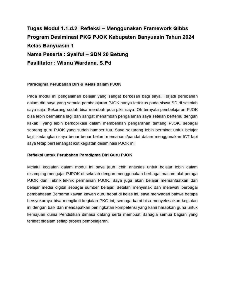 Tugas Modul 1.1.d.2 Refleksi Menggunakan Framework Gibbs Syaiful, S.Pd | PDF