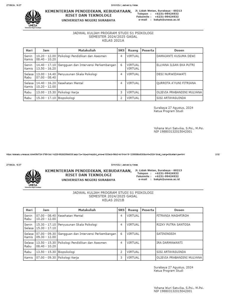 SIAKADU - Jadwal by Kelas UNJ21 | PDF