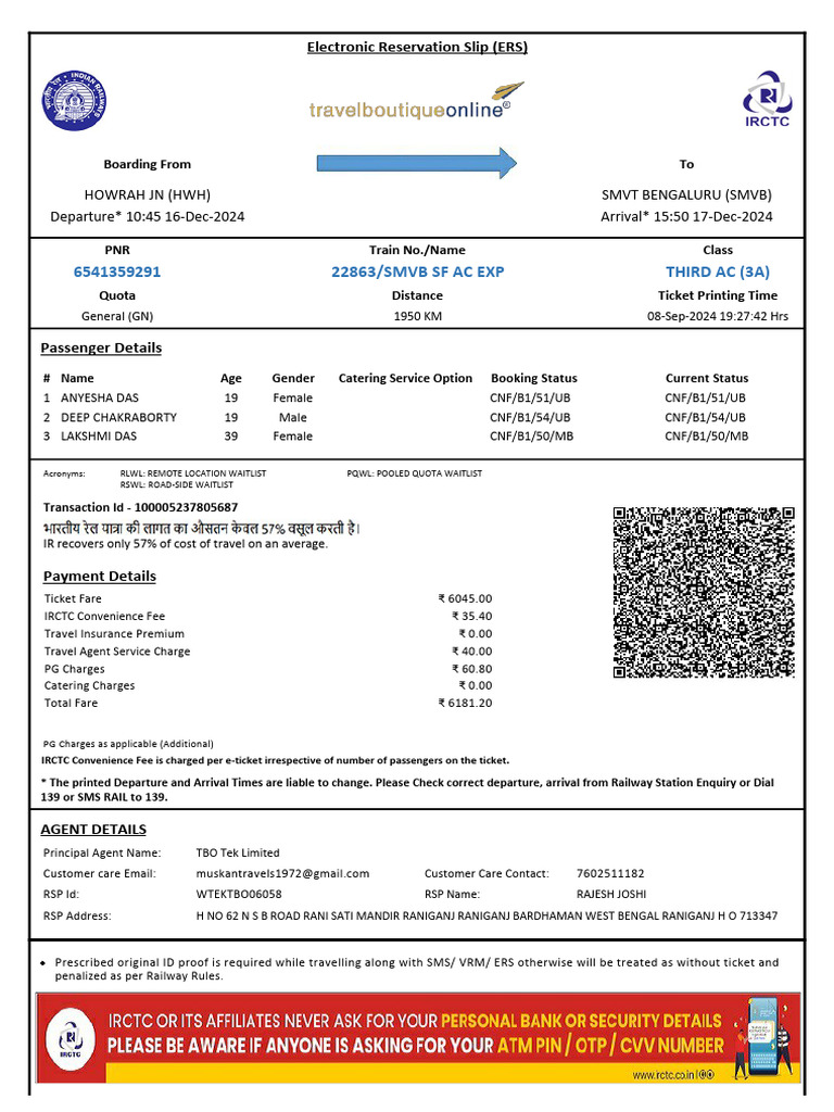22863/Smvb SF Ac Exp Third Ac (3A) | PDF