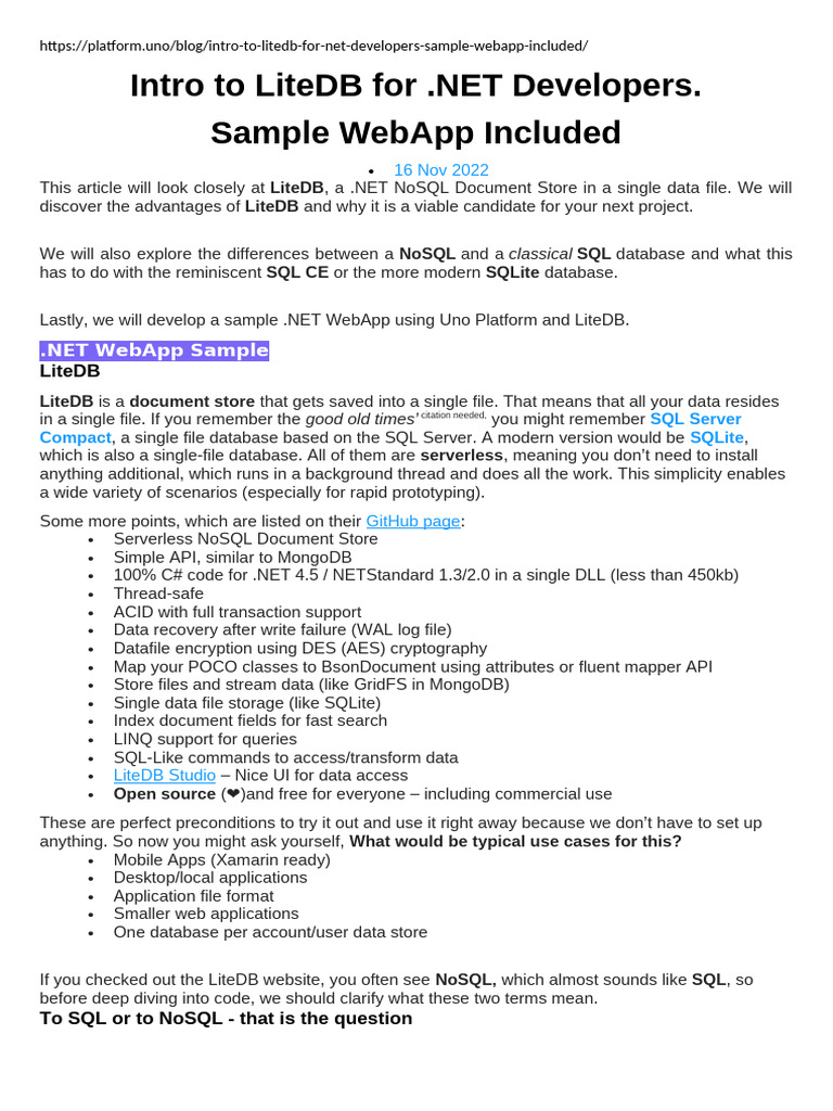Intro To LiteDB For .NET Developers | PDF