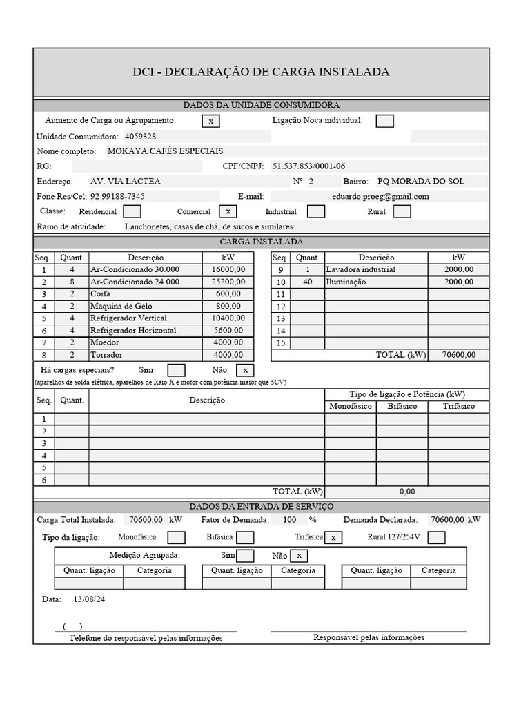 Declaracao de Carga Instalada | PDF