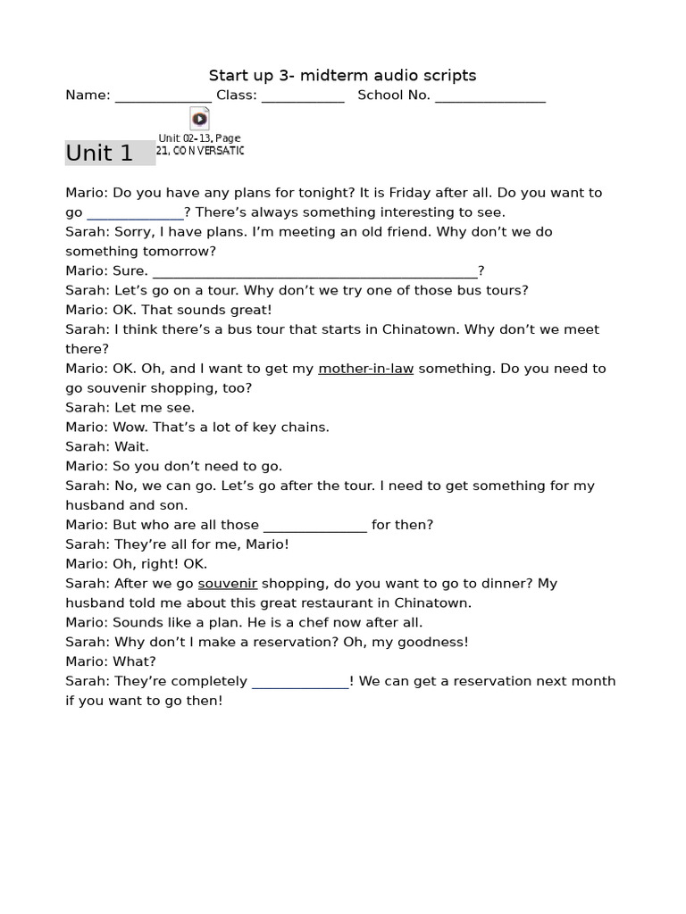 Start Up 3 - Midterm Audio Scripts-Blanks | PDF