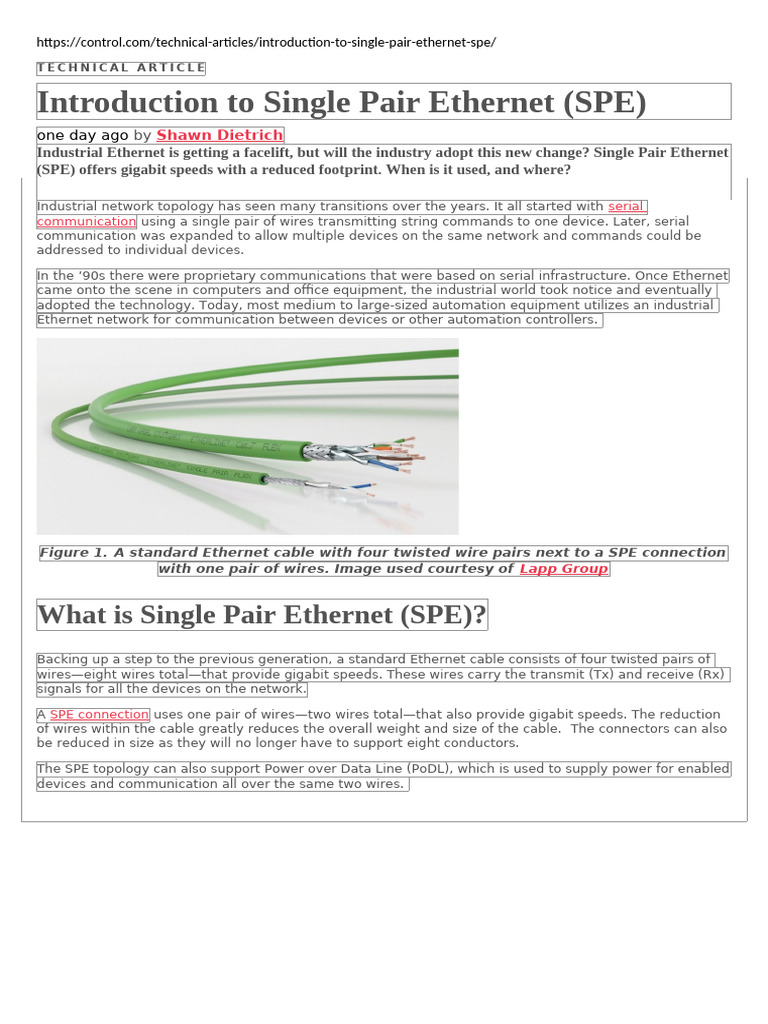 Introduction To Single Pair Ethernet | PDF
