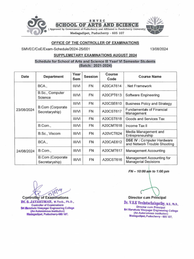 Supplementary Exam SAS III Year VI Sem August 2024 | PDF