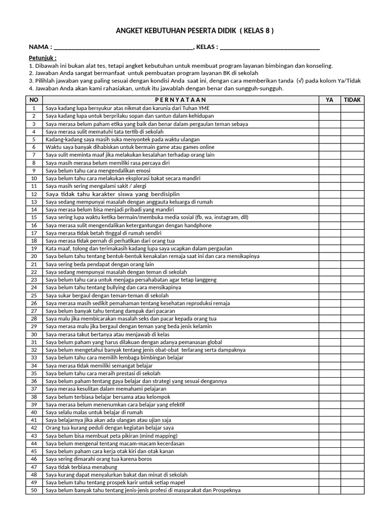Angket Kebutuhan Peserta Didik Sma Kelas 8 | PDF
