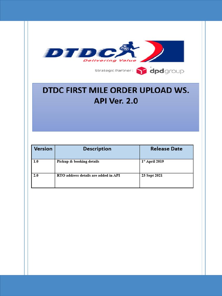 DTDC FIRST MILE API ORDER UPLOAD WS Ver 2.0 | PDF | Web Service | Json