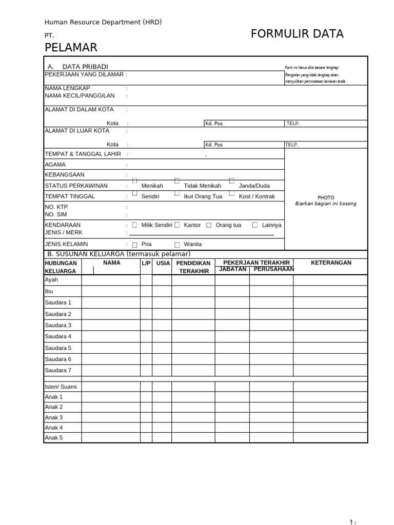 Form - HRD013 - Formulir Lamaran Pekerjaan | PDF