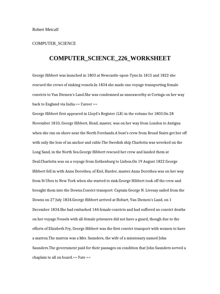 Computer Science 226 Worksheet | PDF