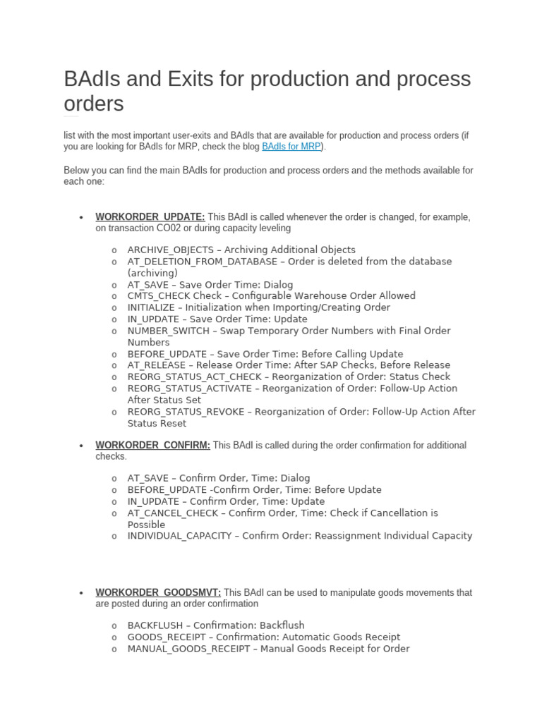 BAdIs and Exits For Production and Process Orders | PDF