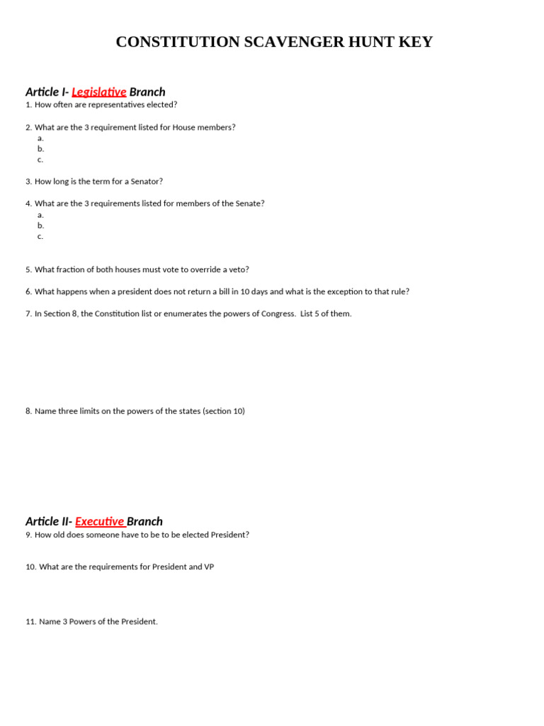 Constitution Scavenger Hunt Mini Quiz Activity | PDF