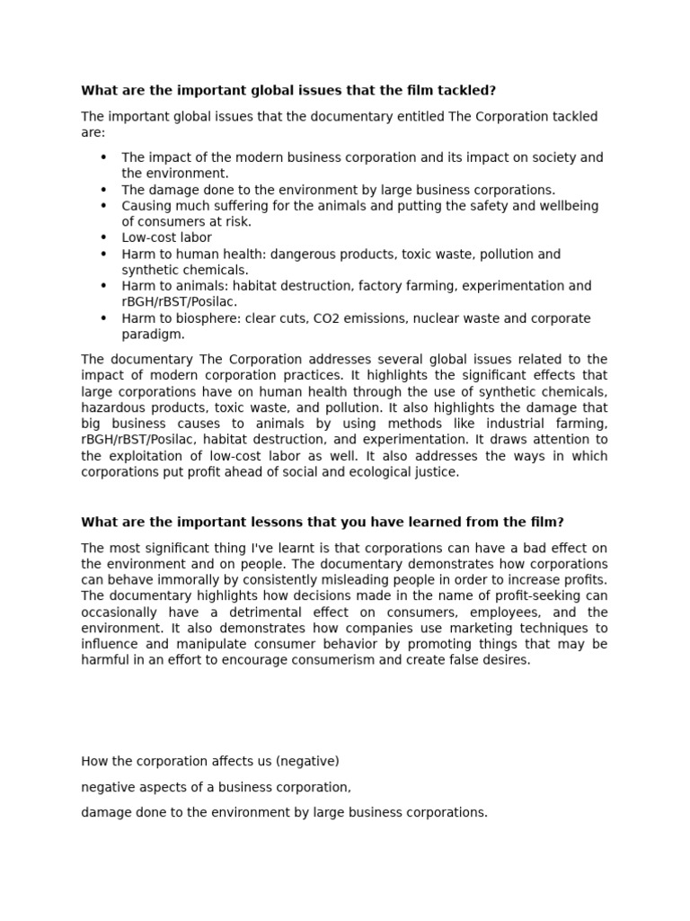 What Are The Important Global Issues That The Film Tackled | PDF