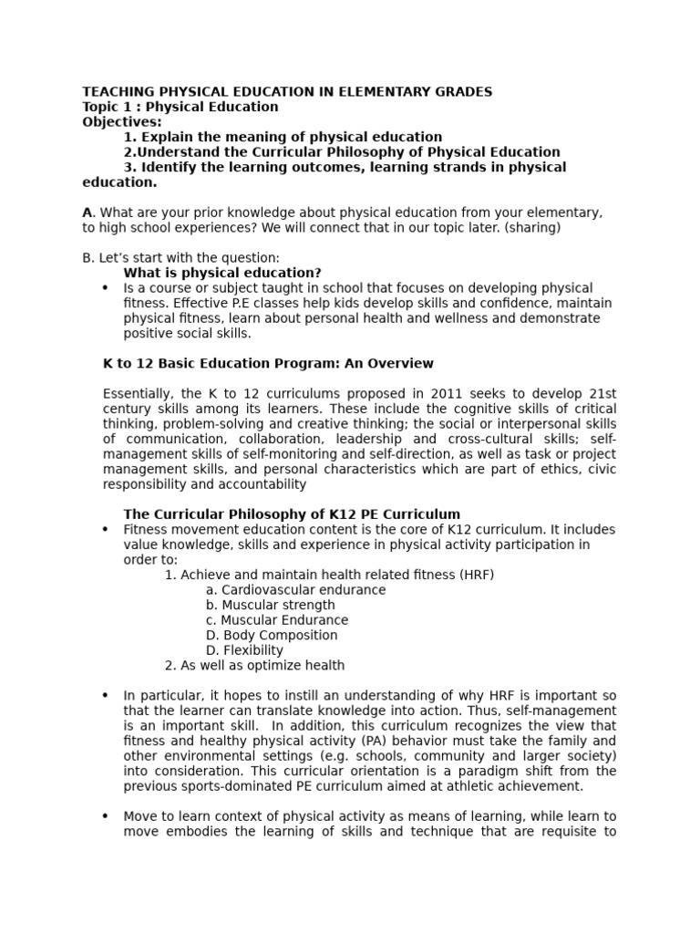 Lesson 1 Teaching Physical Education in Elementary Grades | PDF ...