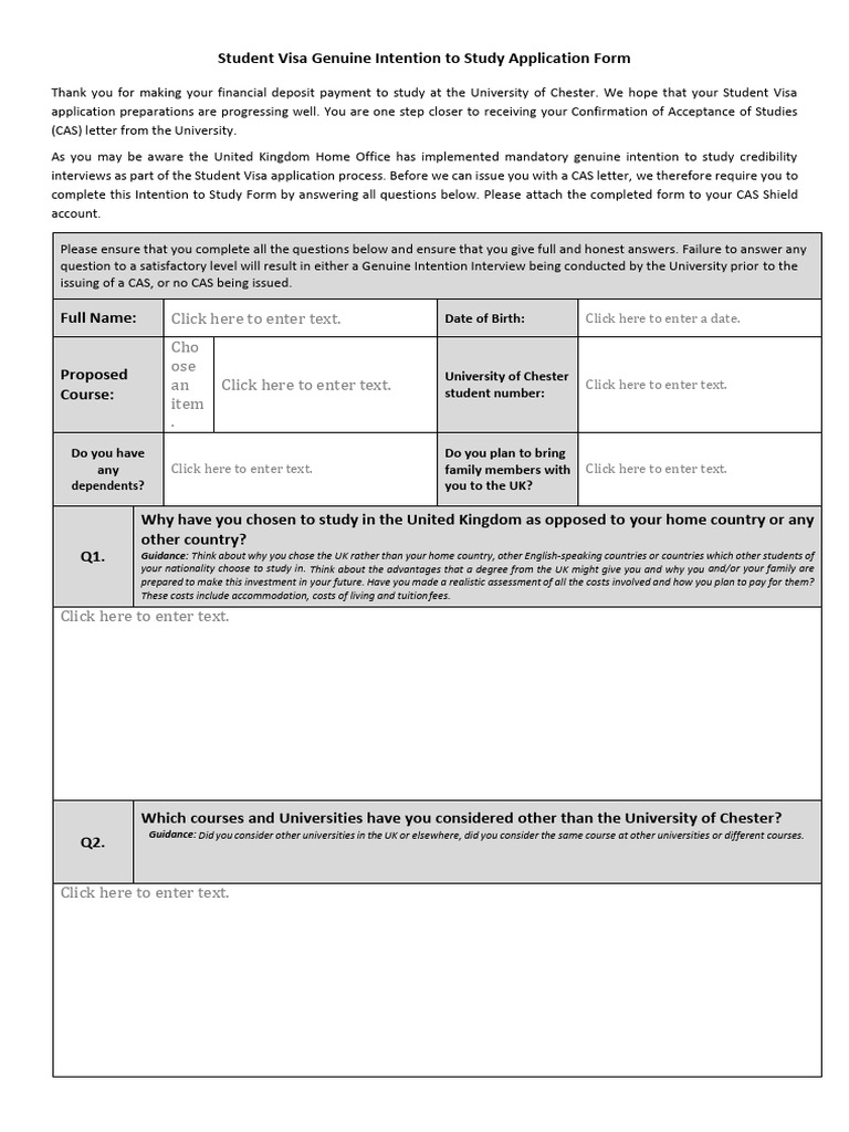 Student Visa Genuine Intention To Study Application Form - 2023 | PDF