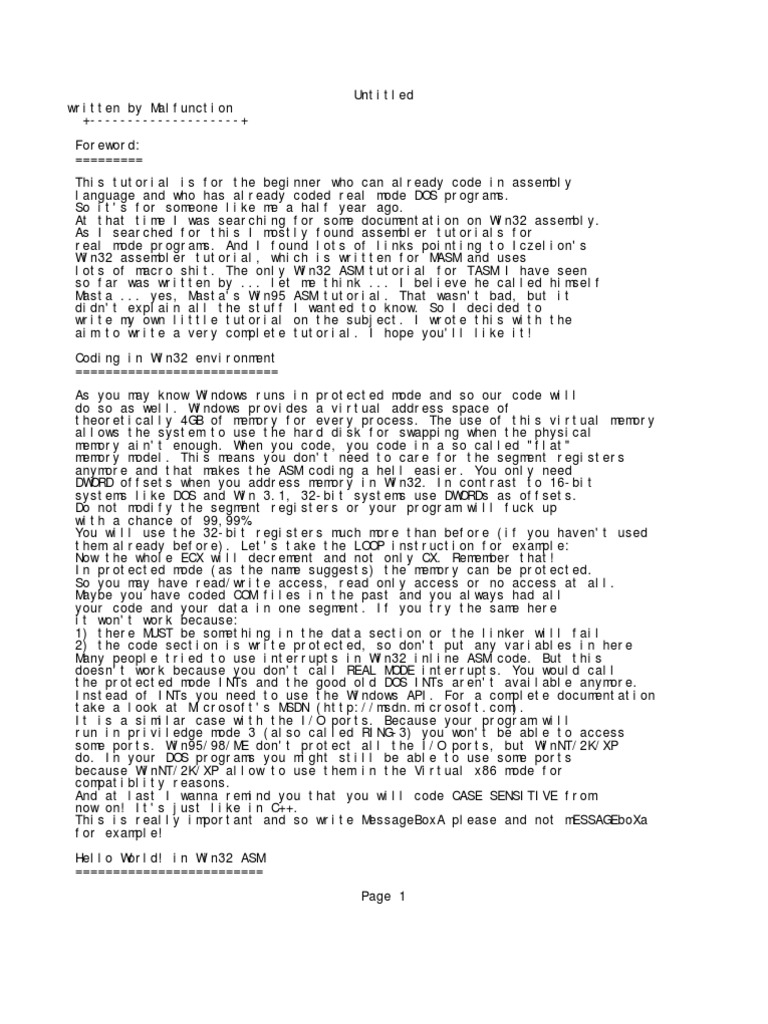 Malfunctions Winasm Tutorial For Tasm Pdf Assembly Language Operating System Technology