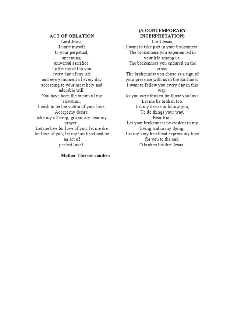 Act of Oblation Prayer and Reflection | PDF
