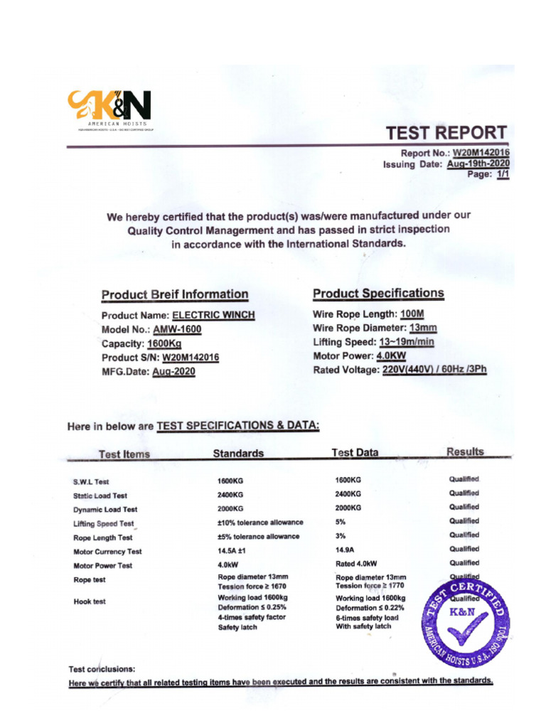 Cert. Winche de 1.6TN | PDF