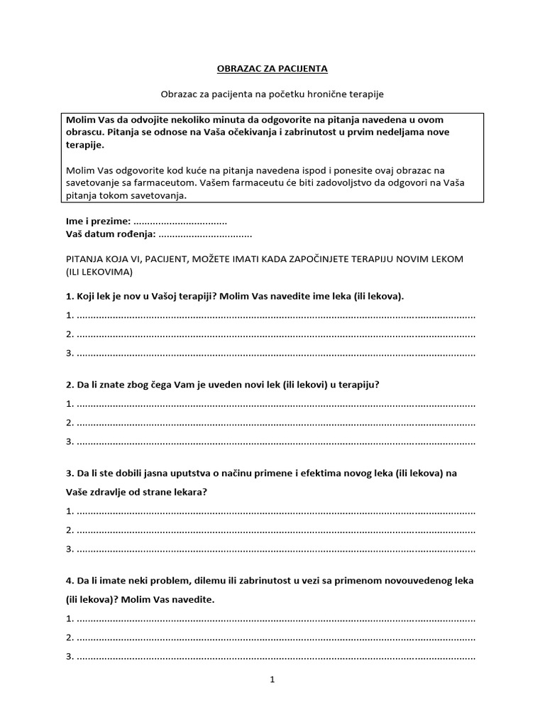 Predavanje 7 - 03 Obrazac Za Pacijenta | PDF
