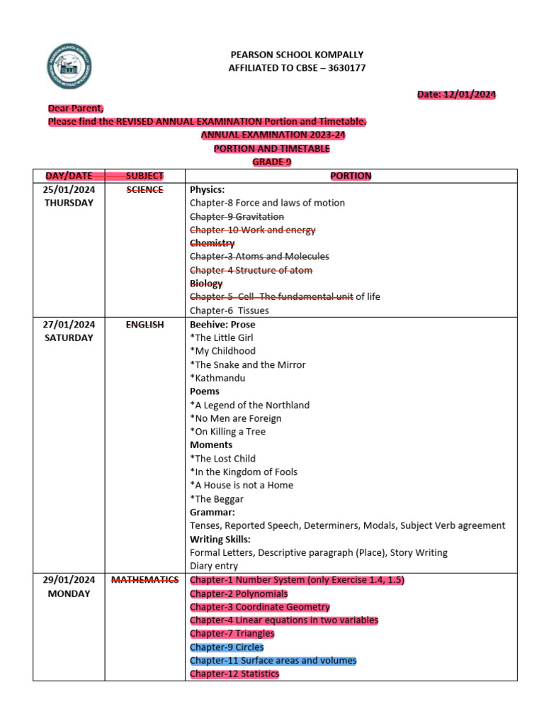 Revised-Grade 9 Annual Exam Portion N Timetable-1 | PDF