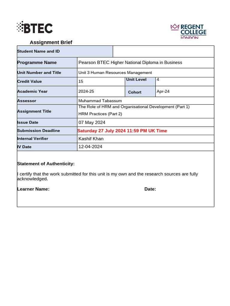 Unit 3 HRM-Assessment Brief | PDF