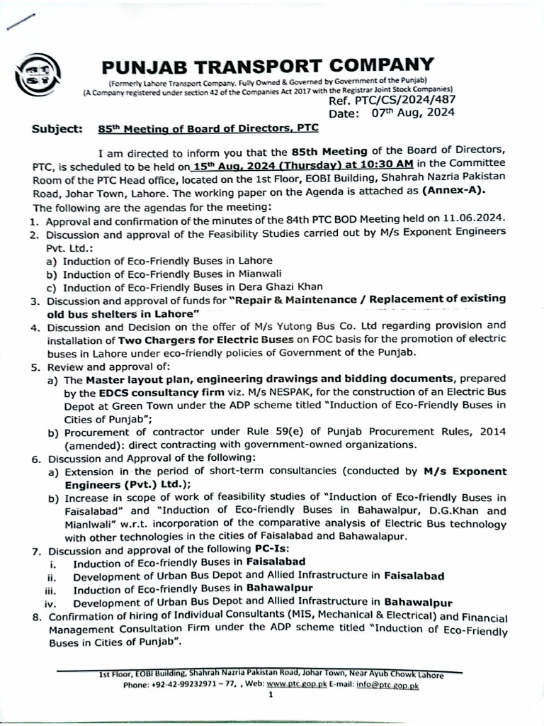 Agenda For 85th PTC Board Meeting at 15-08-2024 | PDF