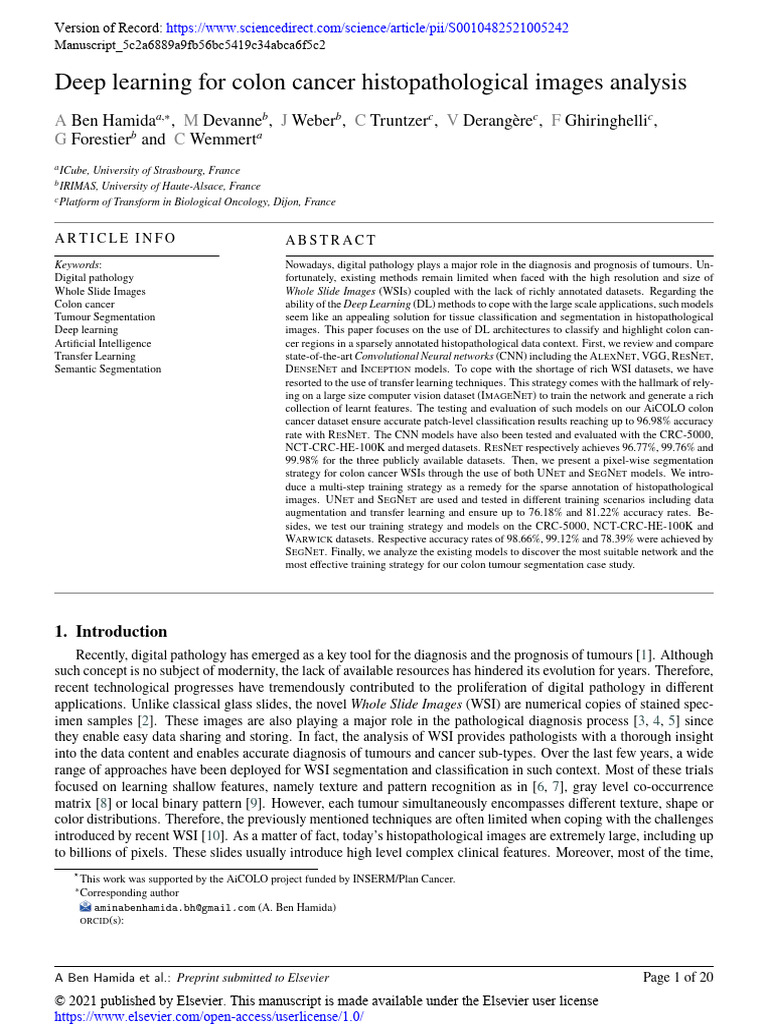 Deep learning for colon cancer histopathological images analysis | PDF