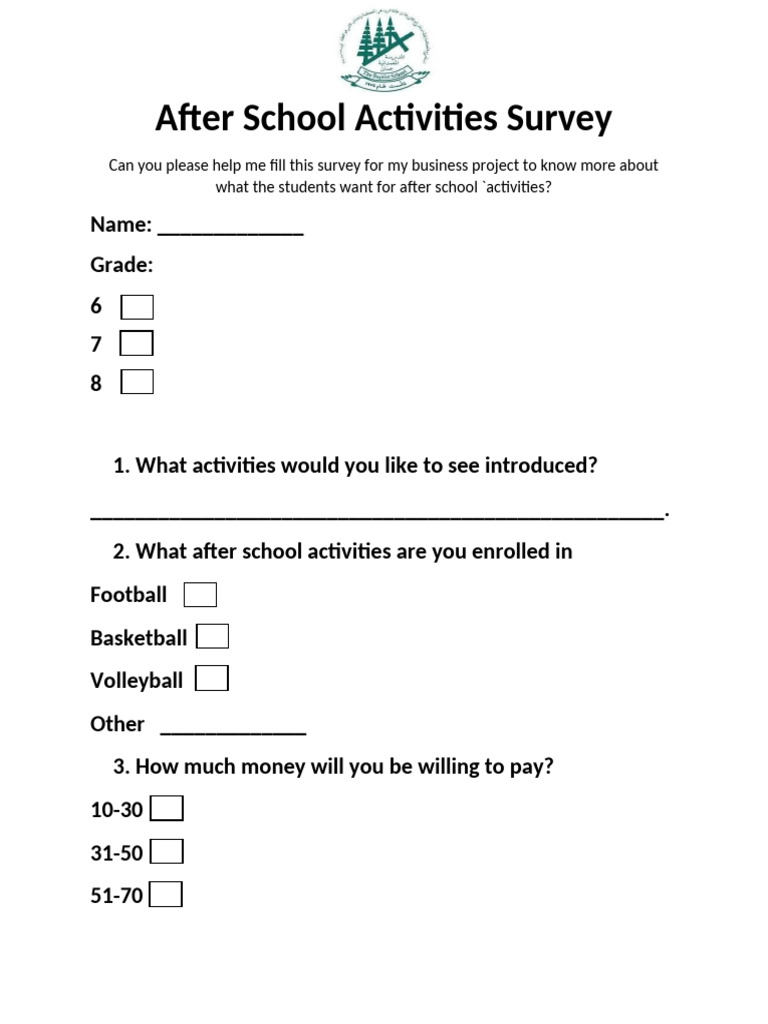 After School Activities Survey | PDF
