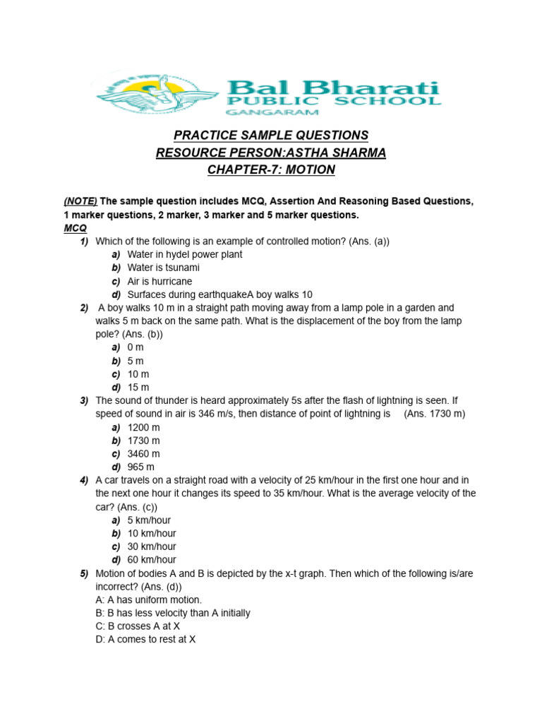 Chapter-7 (Motion) Practice Sample Questions | PDF
