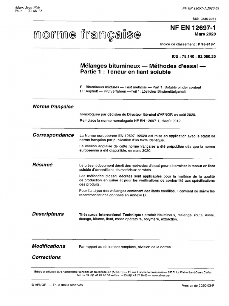 NF en 12697-1 Teneur en Liant Soluble | PDF