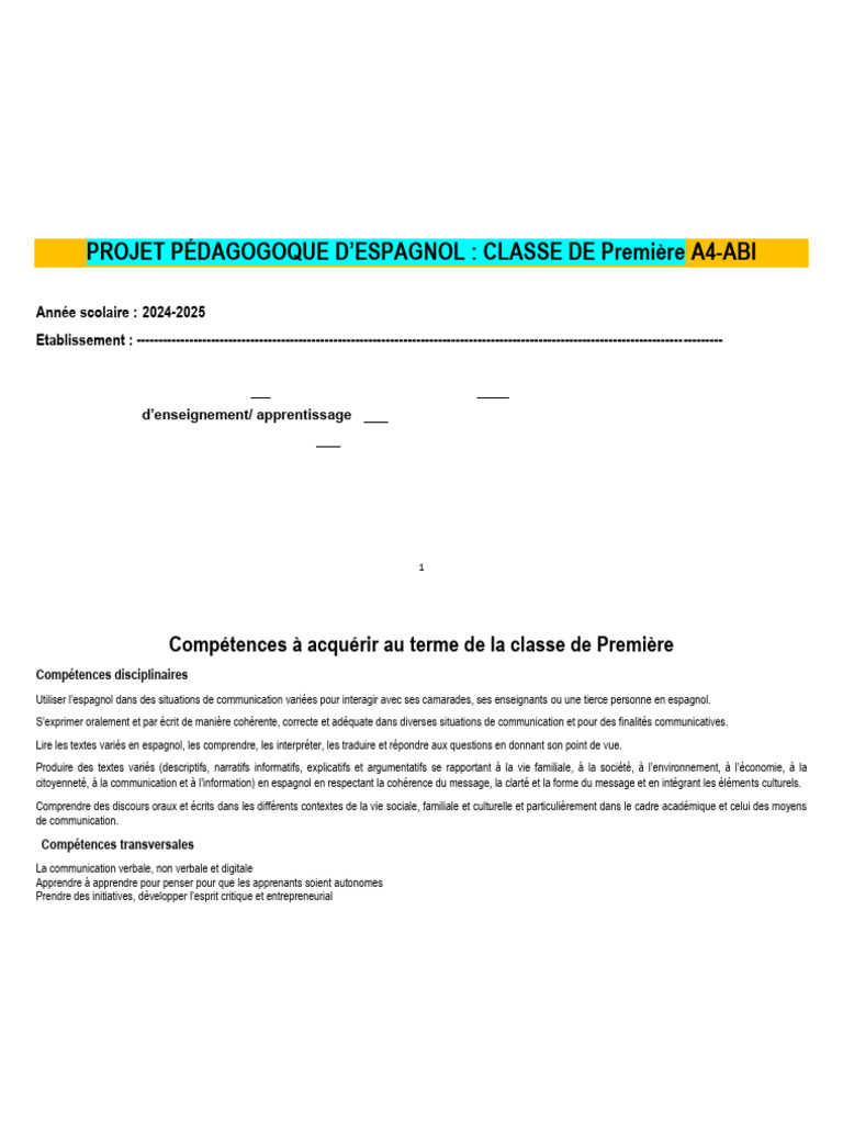 Projet Pédagogique - Espagnol 1ère A4 2024-2025 | PDF