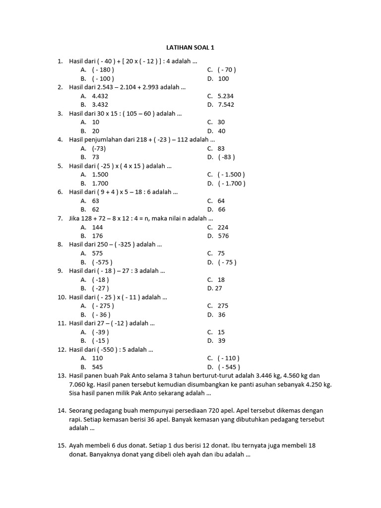 Latihan Soal 1 ( Bilangan Bulat dan Bilangan Cacah ) | PDF