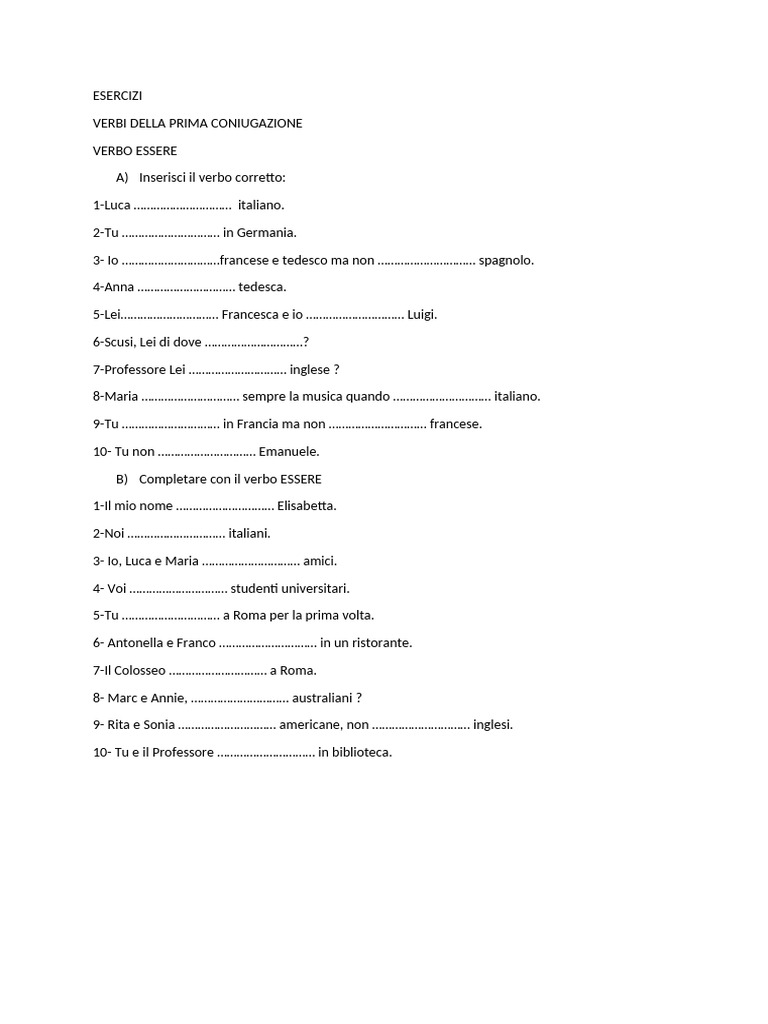 Esercizi Verbi - Are Ed Essere | PDF