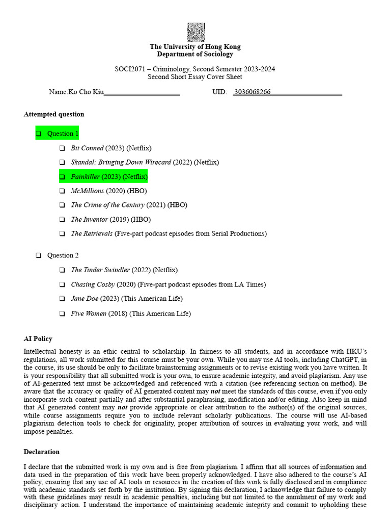 SOCI2071 Second Short Essay Cover Sheet | PDF