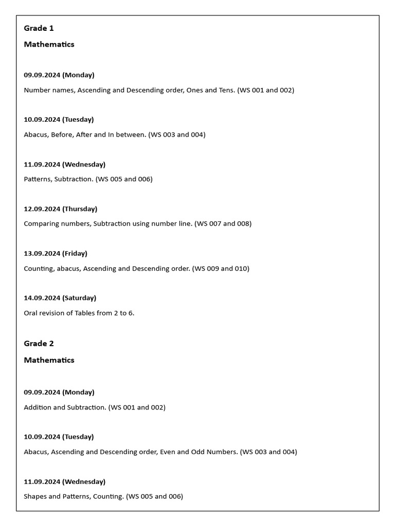 Grade 1, 2 and 3 Math Rev TimeTable. | PDF