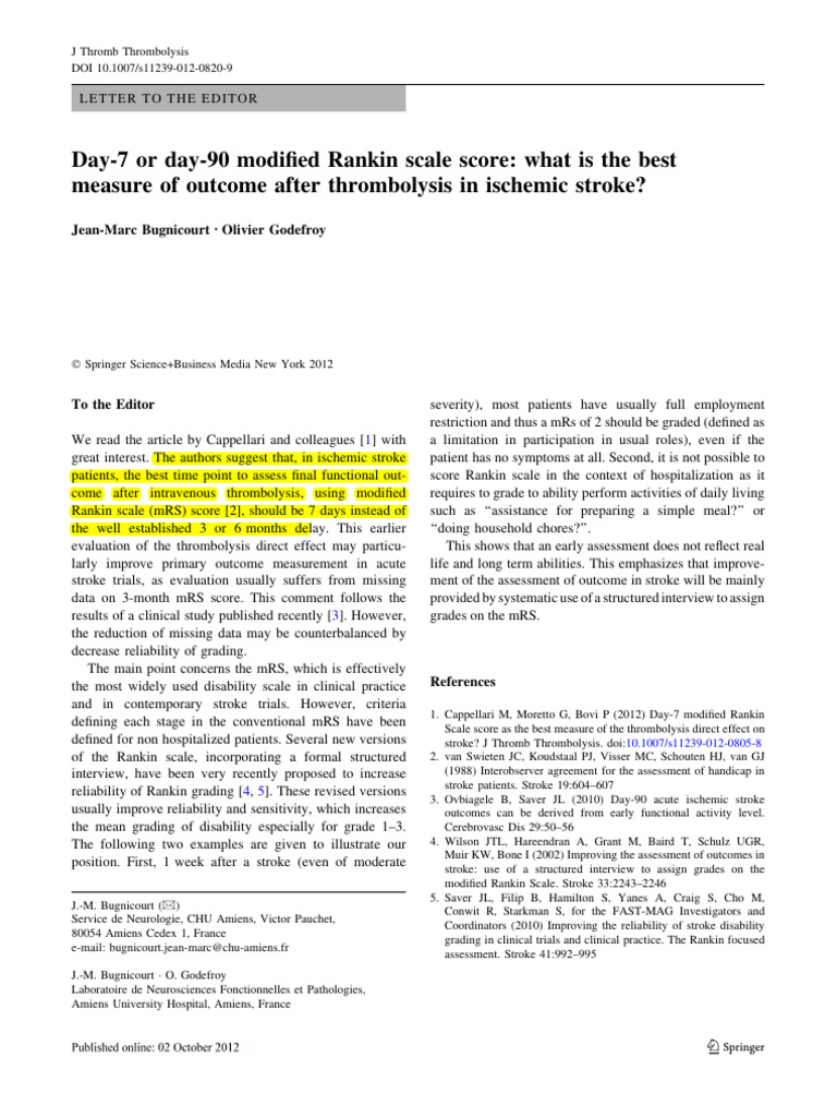 Day-7 or Day-90 Modified Rankin Scale Score, After Thrombolysis in ...