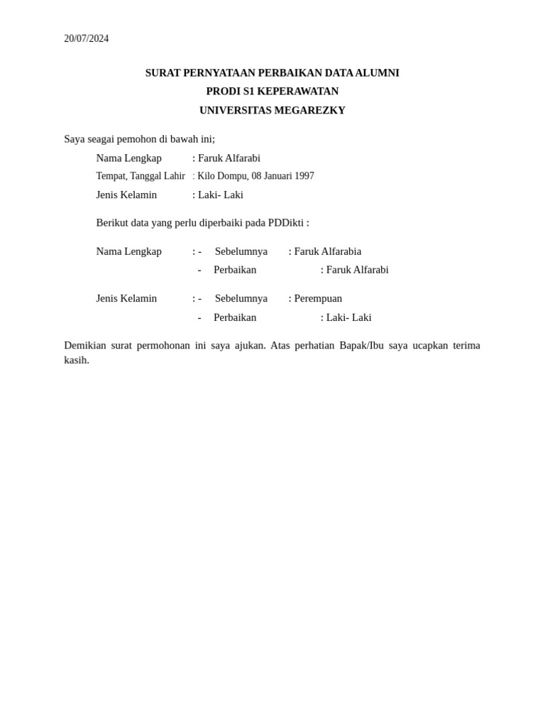 Surat Pernyataan Perbaikan Data Alumni | PDF