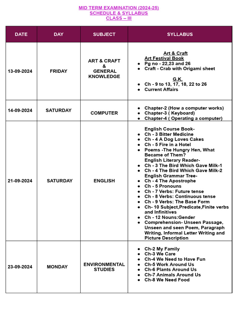 Class 3 Mid Term Exam Schedule 2024-25 | PDF | English Language | Verb
