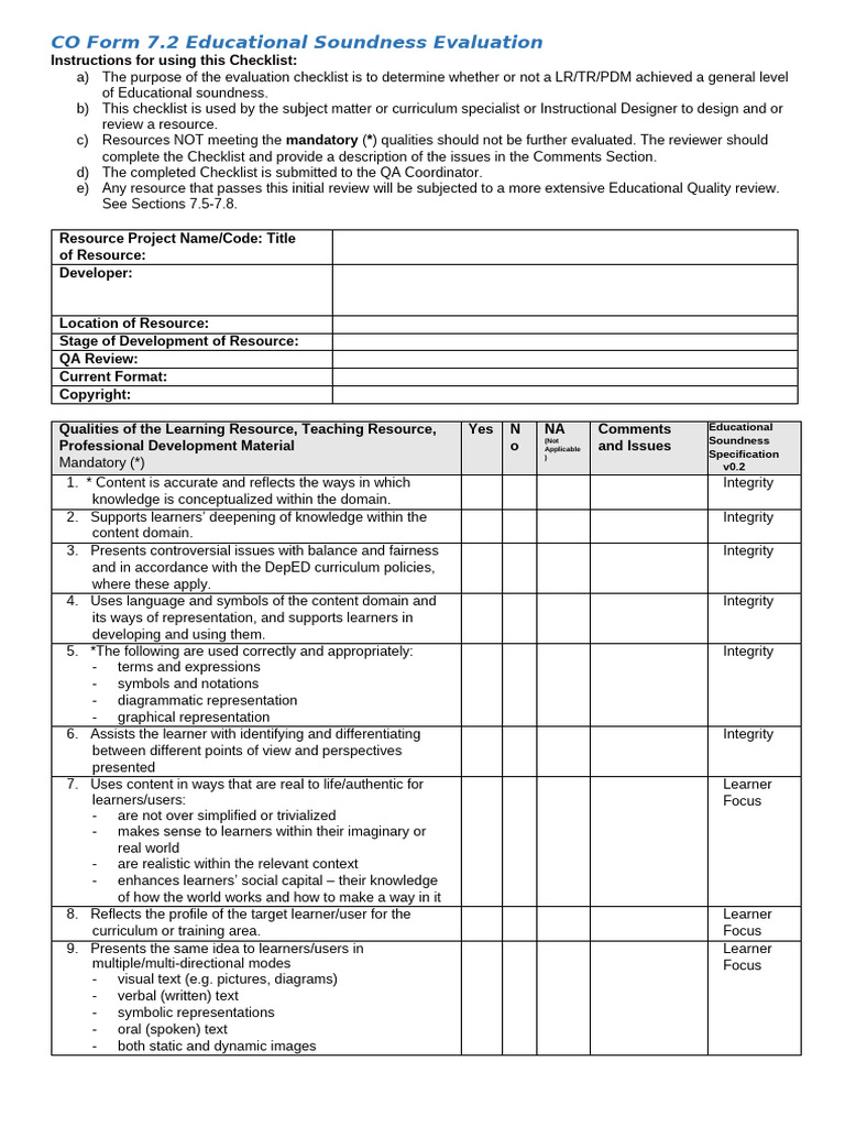 CO Form 7.2 Educational Soundness Evaluation | PDF