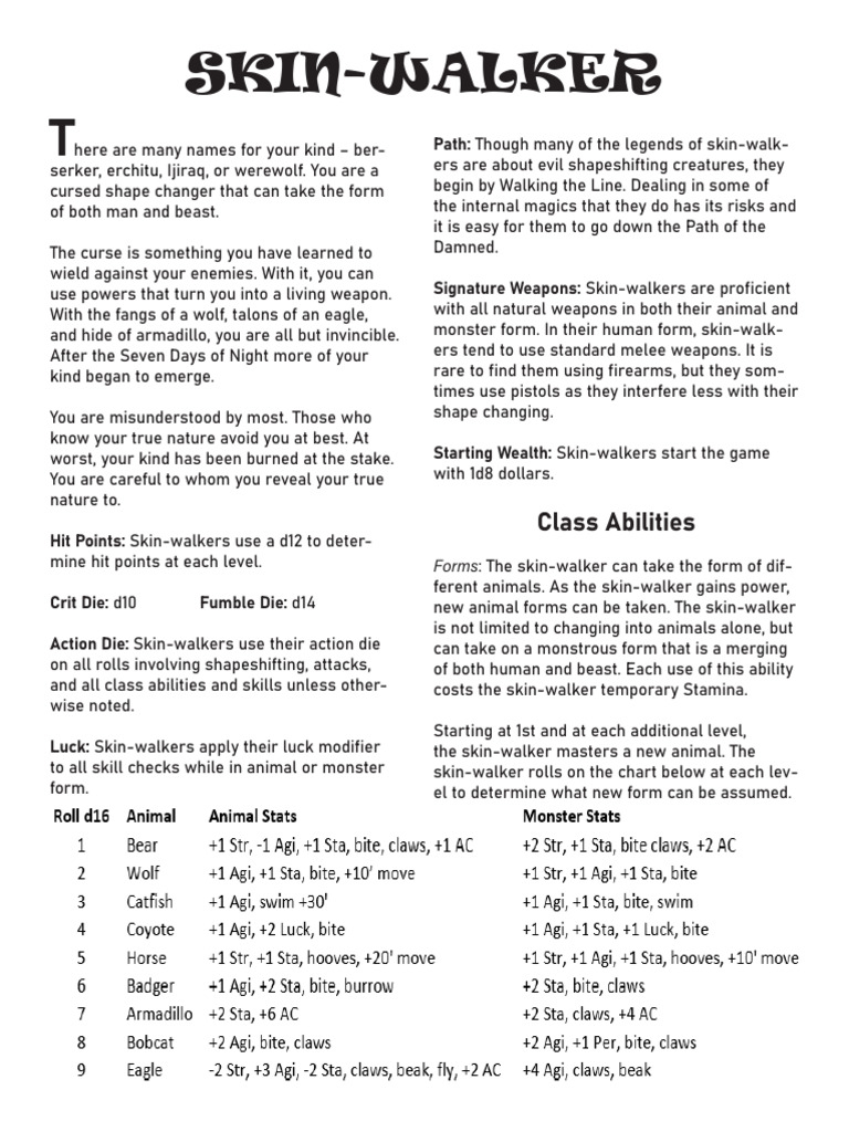 Skin-Walker Class Update | PDF | Shapeshifting | Young Adult