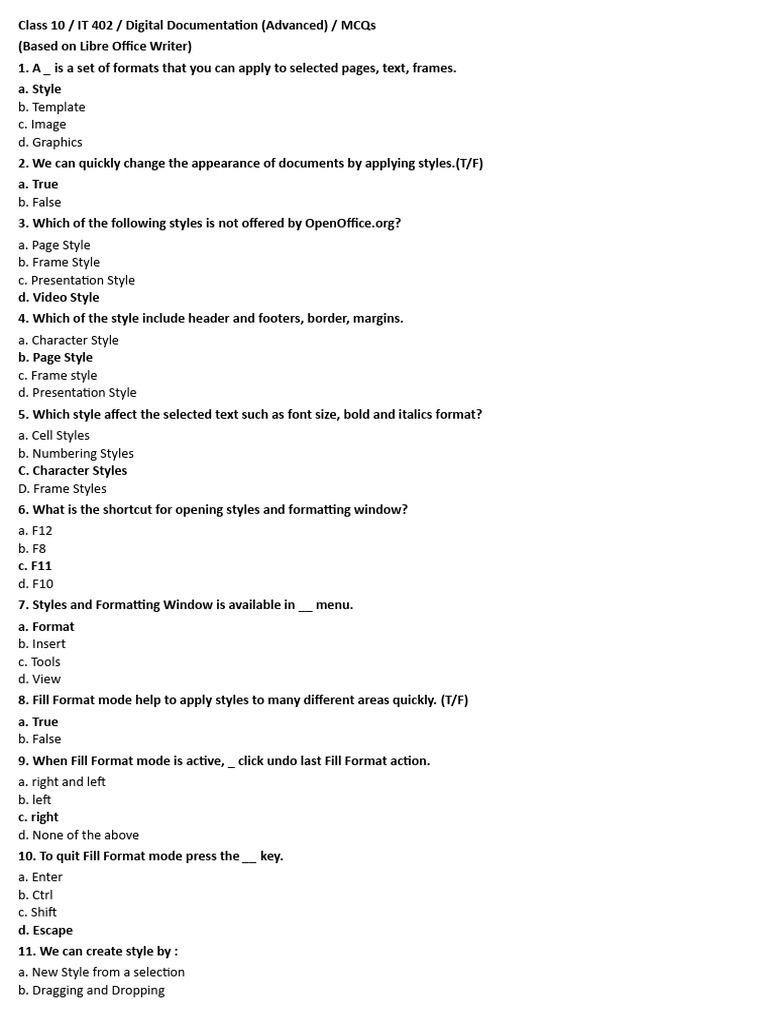 Class 10 IT 402 Digital Documentation MCQs | PDF