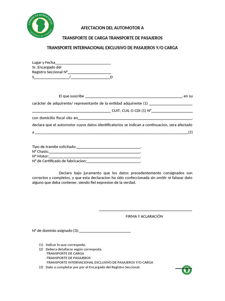 Afectacion Del Automotor a Transporte de Carga o Pasajeros 1 | PDF