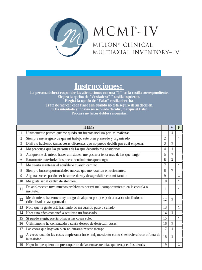 MCMI-IV Inventario Clínico Multiaxial de Millon - XLSX Sin Contra | PDF