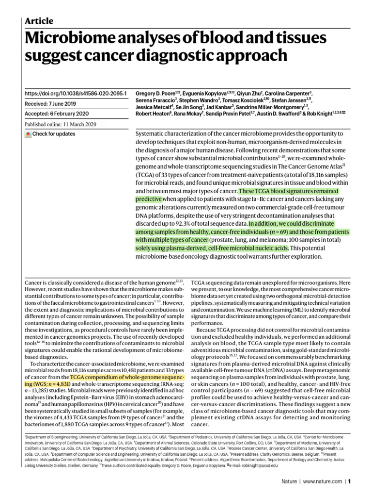 !!!nature 2020-Microbiome Analyses of Blood and Tissues Suggest Cancer Diagnostic Approach | PDF