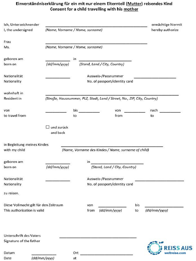 Einverstaendniserklaerung Fuer Ein Kind Mit Nur Einem Elternteil Mutter ...