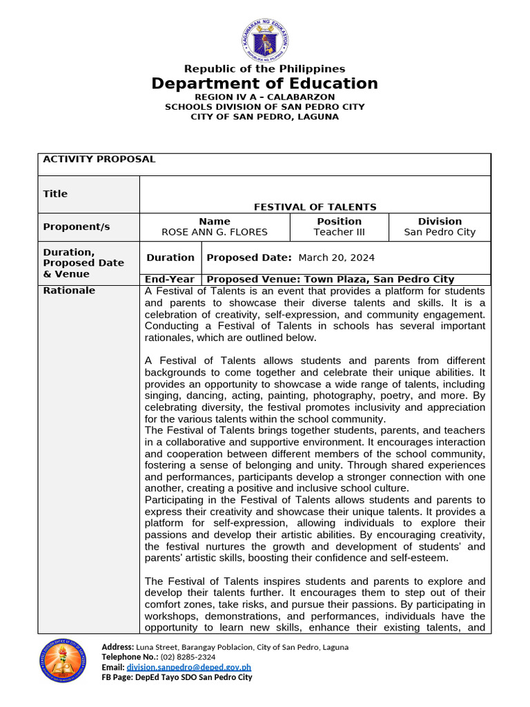 Activity Proposal For Festival of Talents | PDF