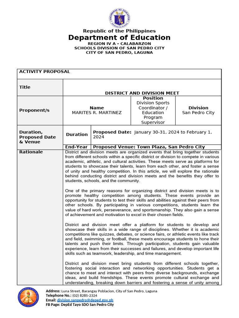 Activity Proposal For District and Division Meet | PDF