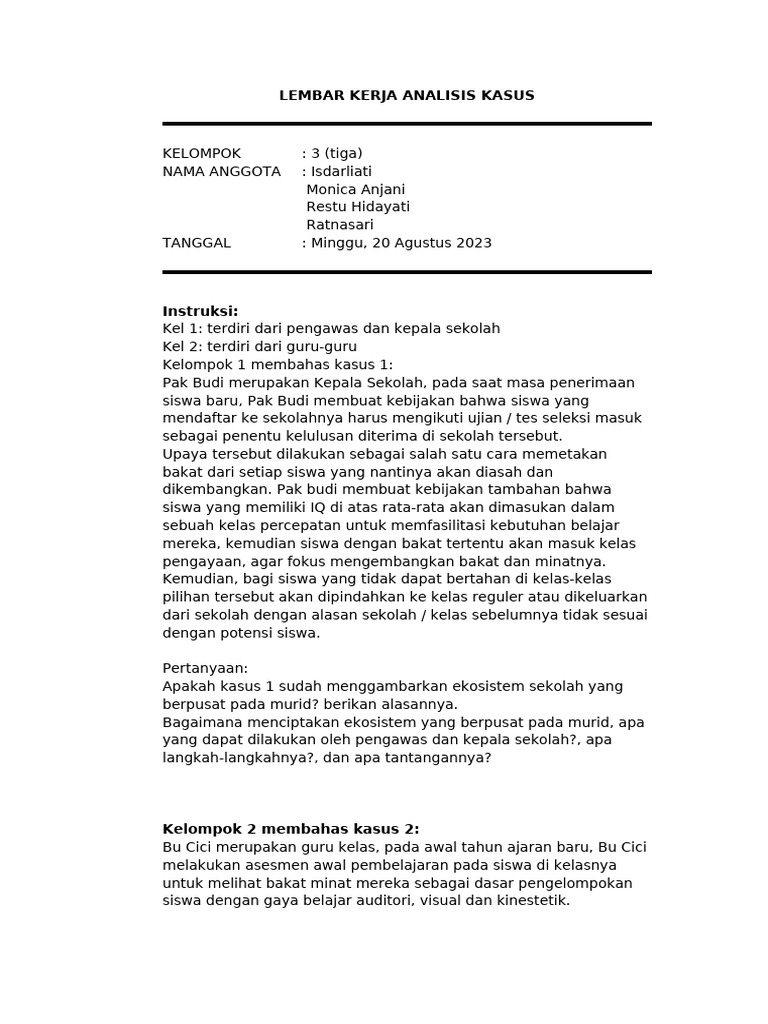 Lembar Kerja 2. Ruang Kolaborasi (Analisis Kasus) kelompok 3 | PDF