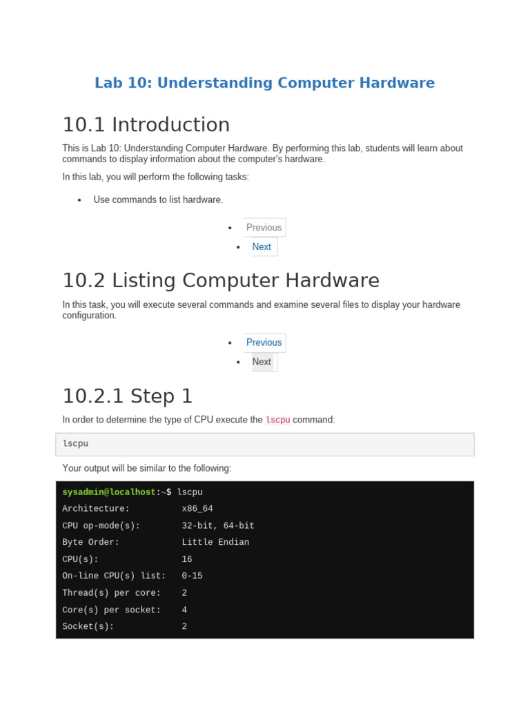 Lab 10 - Understanding Computer Hardware | PDF