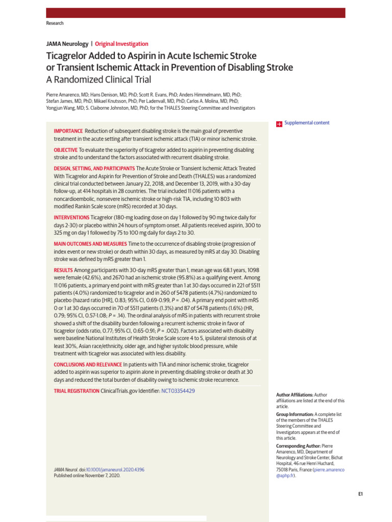 Ticagrelor Added to Aspirin in Acute Ischemic Stroke or TIA in Prevention of Disabling Stroke | PDF