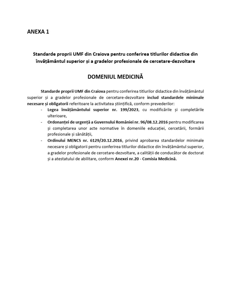 3a58128994 Anexa 1 Standarde Minimale Ale Universitatii Aprobate de Senat Conform HG 1339 2023 | PDF